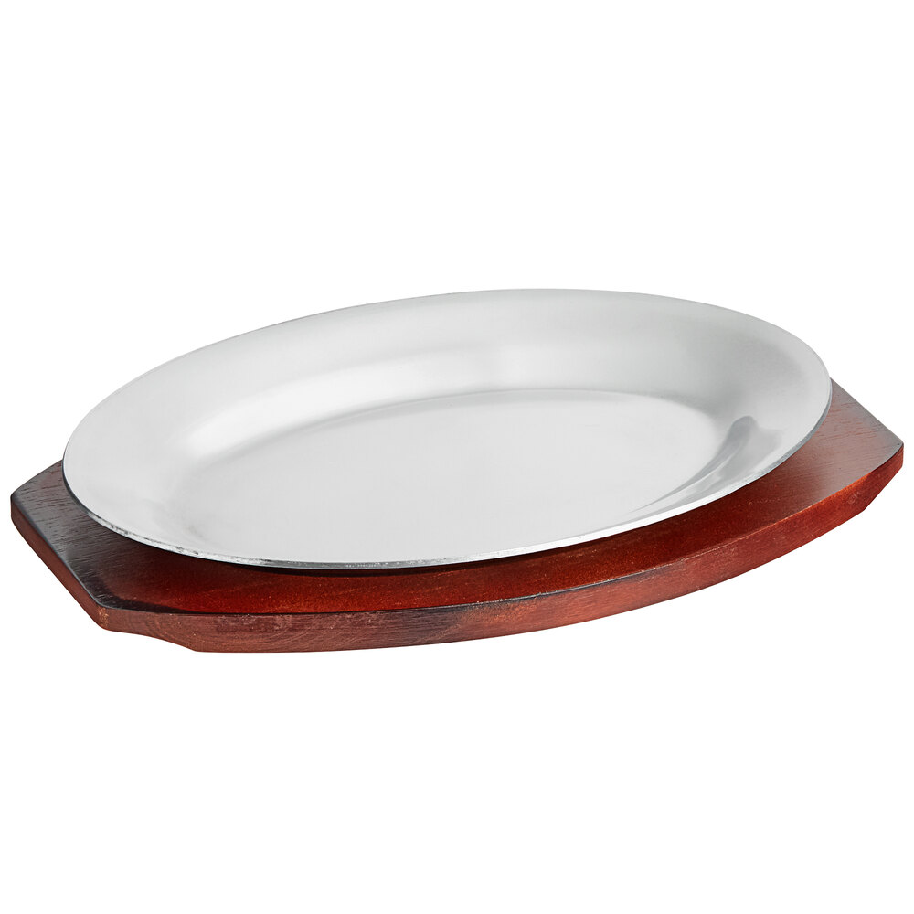 Choice 11 1/2" x 8" Oval Aluminum Sizzler Platter with Mahogany Finish ...