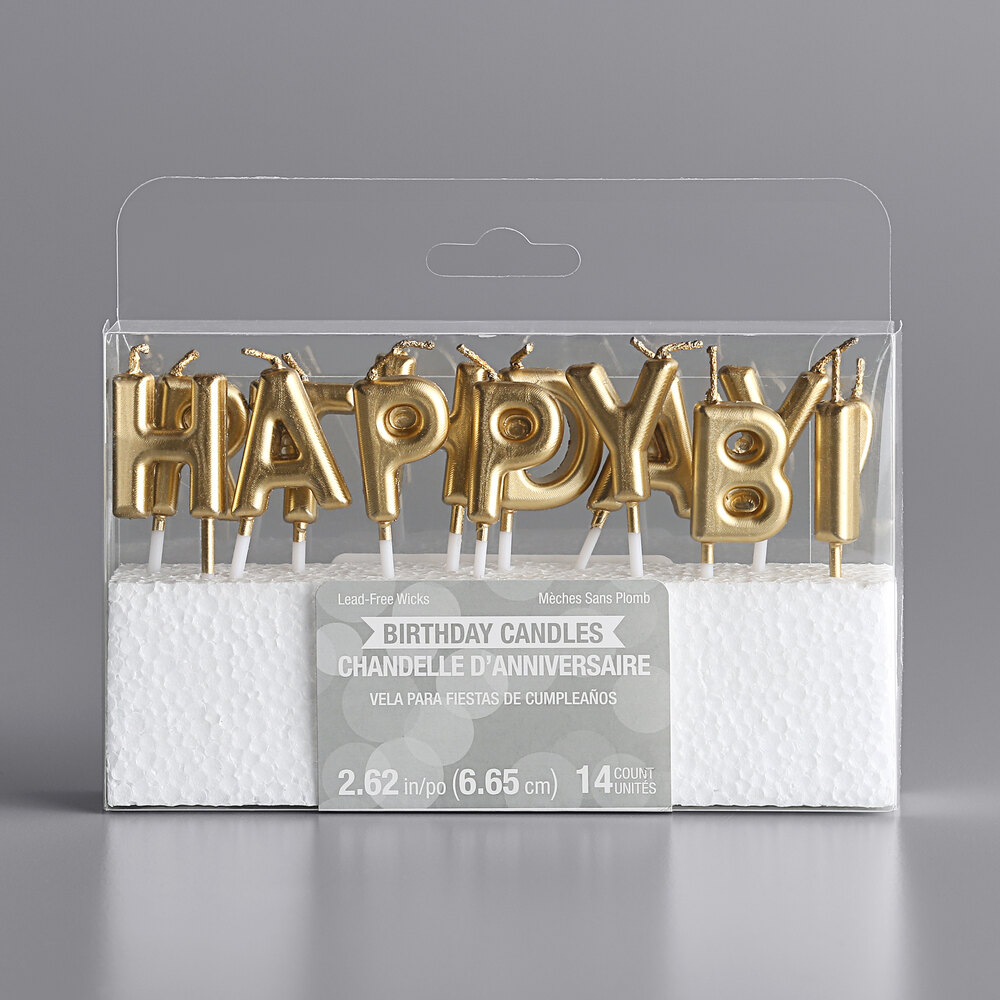 Creative Converting 339949 Gold "Happy Birthday!" Candle Pick Set - 14/Set