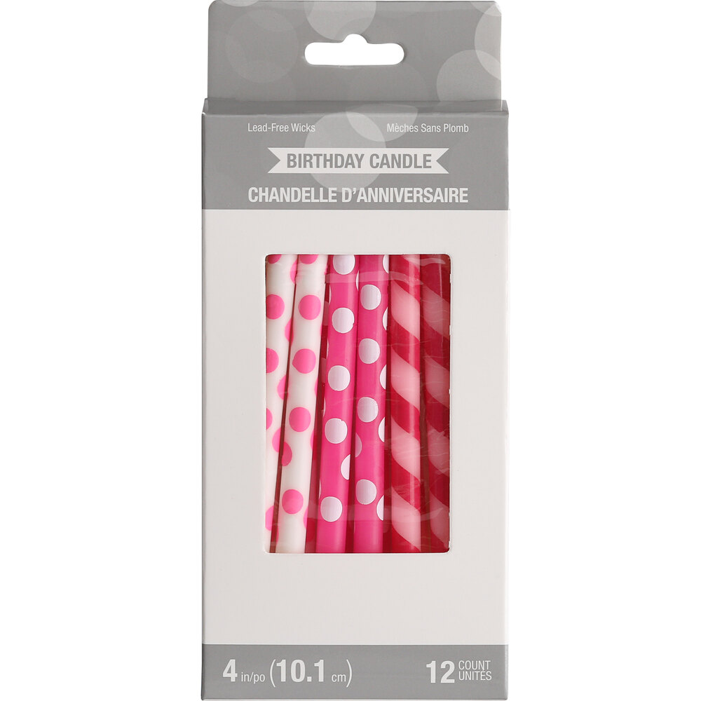 Creative Converting 339973 4" Pink Assorted Pattern Tall Candles - 12/Pack