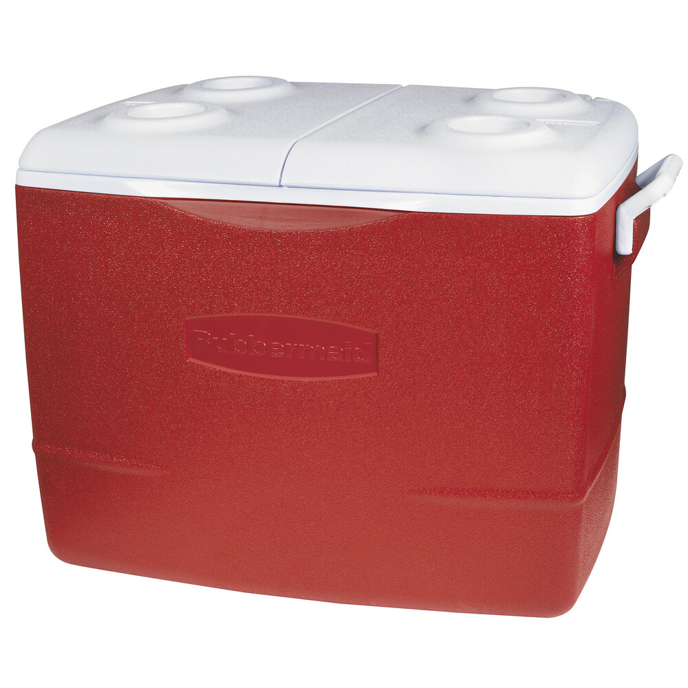 Rubbermaid 1929015 50 Qt. Red Cooler with Side Swing Handles