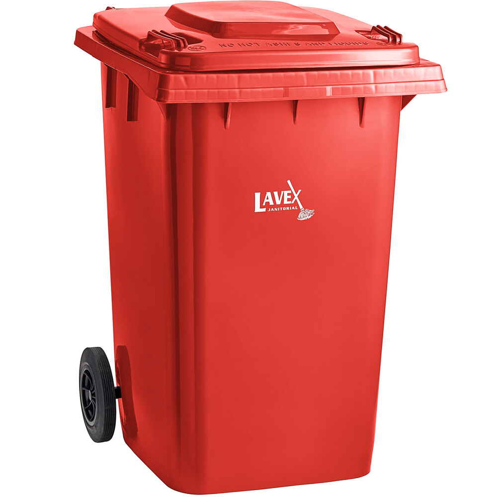 Lavex Janitorial 95 Gallon Red Wheeled Rectangular Trash Can with Lid