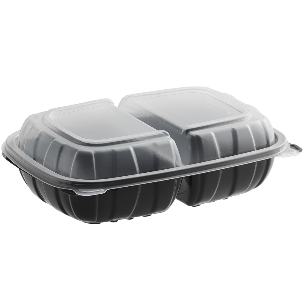 Choice 9" x 6" x 3" Microwaveable 2-Compartment Black / Clear Plastic ...