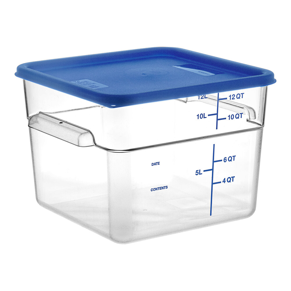Vigor 12 Qt. Clear Square Polycarbonate Food Storage Container and Blue ...