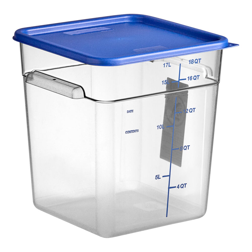 Vigor 18 Qt. Clear Square Polycarbonate Food Storage Container and Blue ...