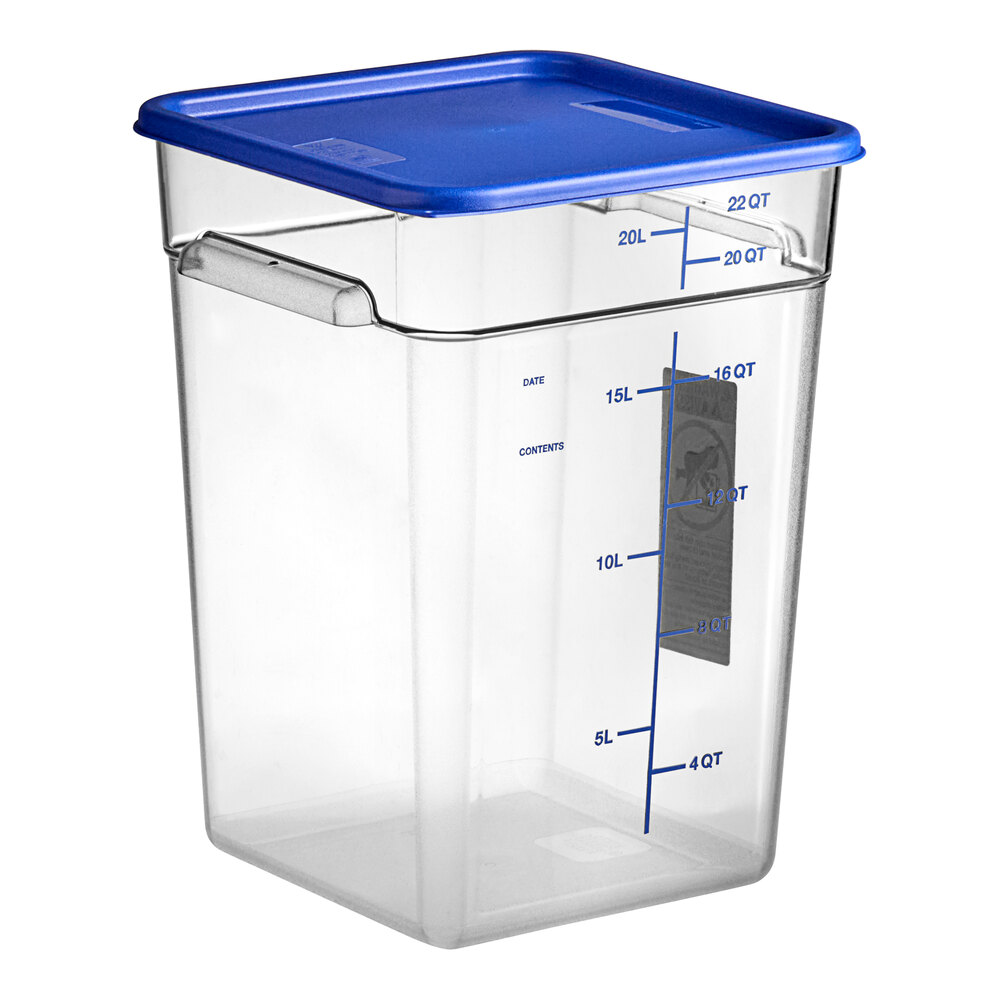 Vigor 22 Qt. Clear Square Polycarbonate Food Storage Container and Blue ...