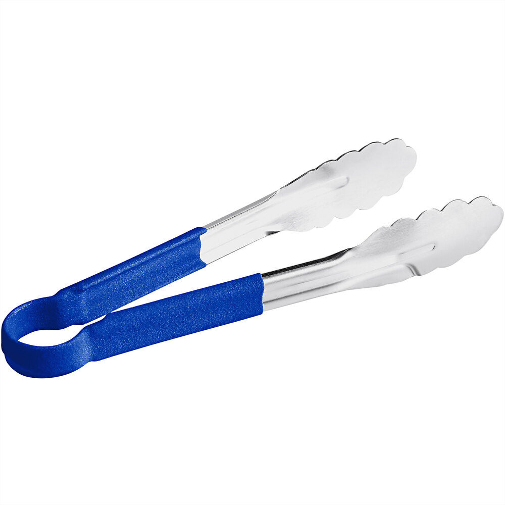 Choice 9 1/2" Blue Coated Handle Stainless Steel Scalloped Tongs