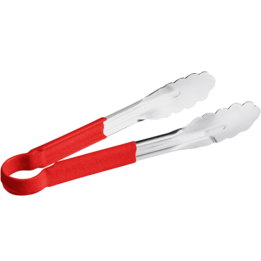 Choice 9 1/2" Red Coated Handle Stainless Steel Scalloped Tongs