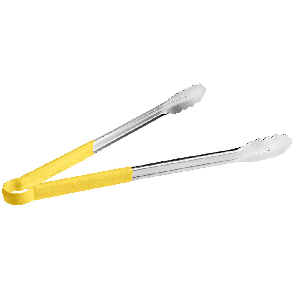 Choice 16" Yellow Coated Handle Stainless Steel Scalloped Tongs