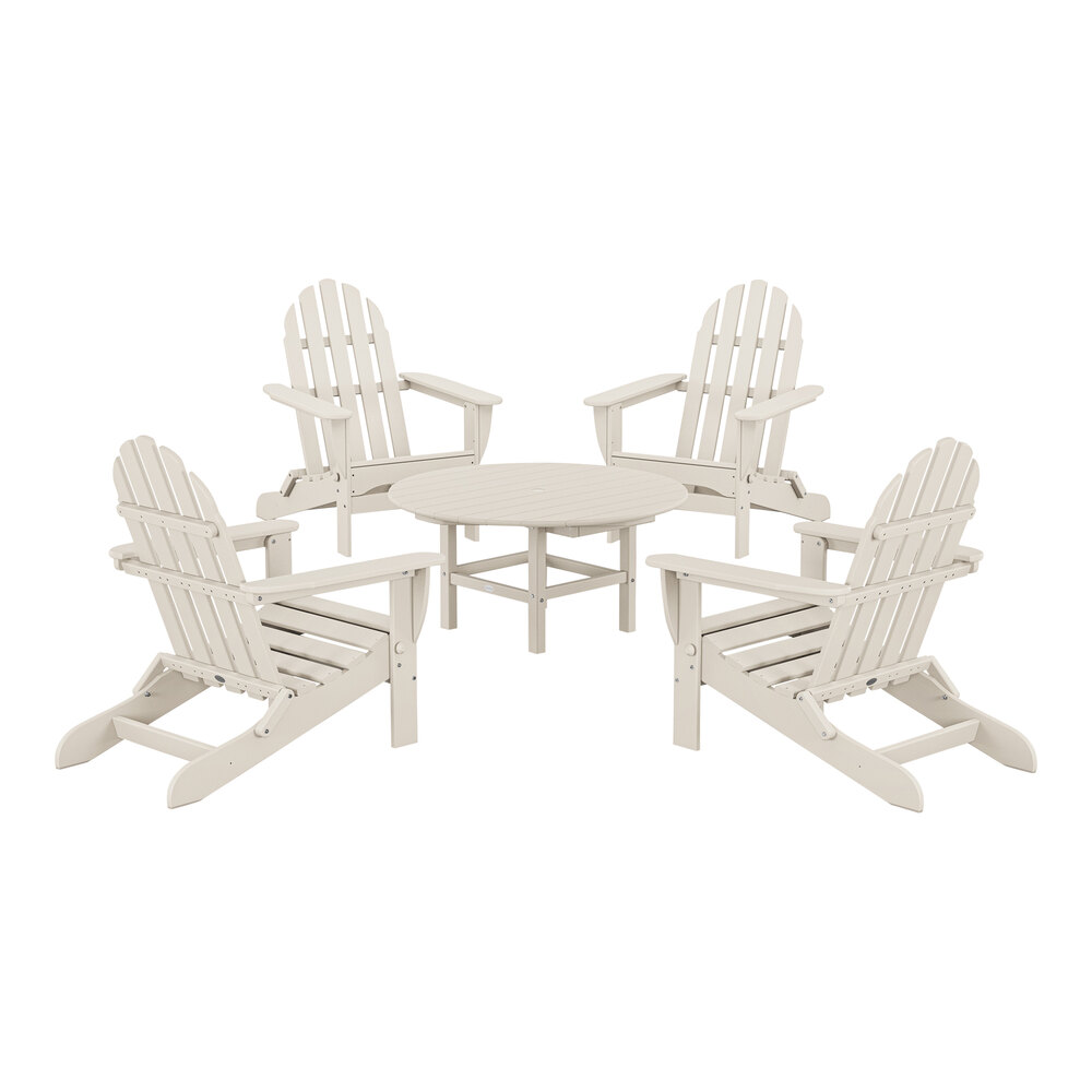 POLYWOOD Classic 5-Piece Sand Patio Set with 4 Folding Adirondack Chairs