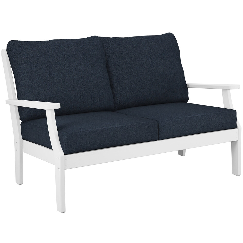 POLYWOOD Braxton White Deep Seating Settee with Marine Indigo Cushions