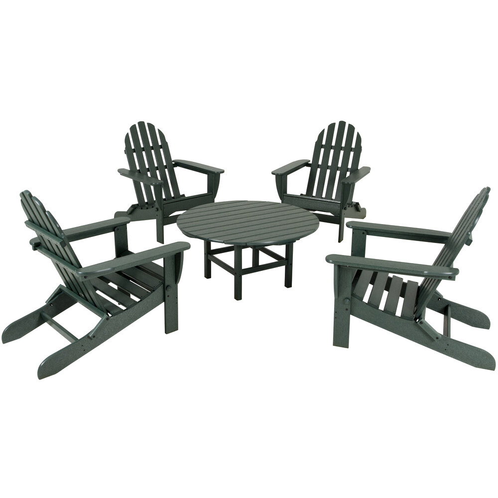 POLYWOOD Classic 5-Piece Green Patio Set with 4 Folding Adirondack Chairs