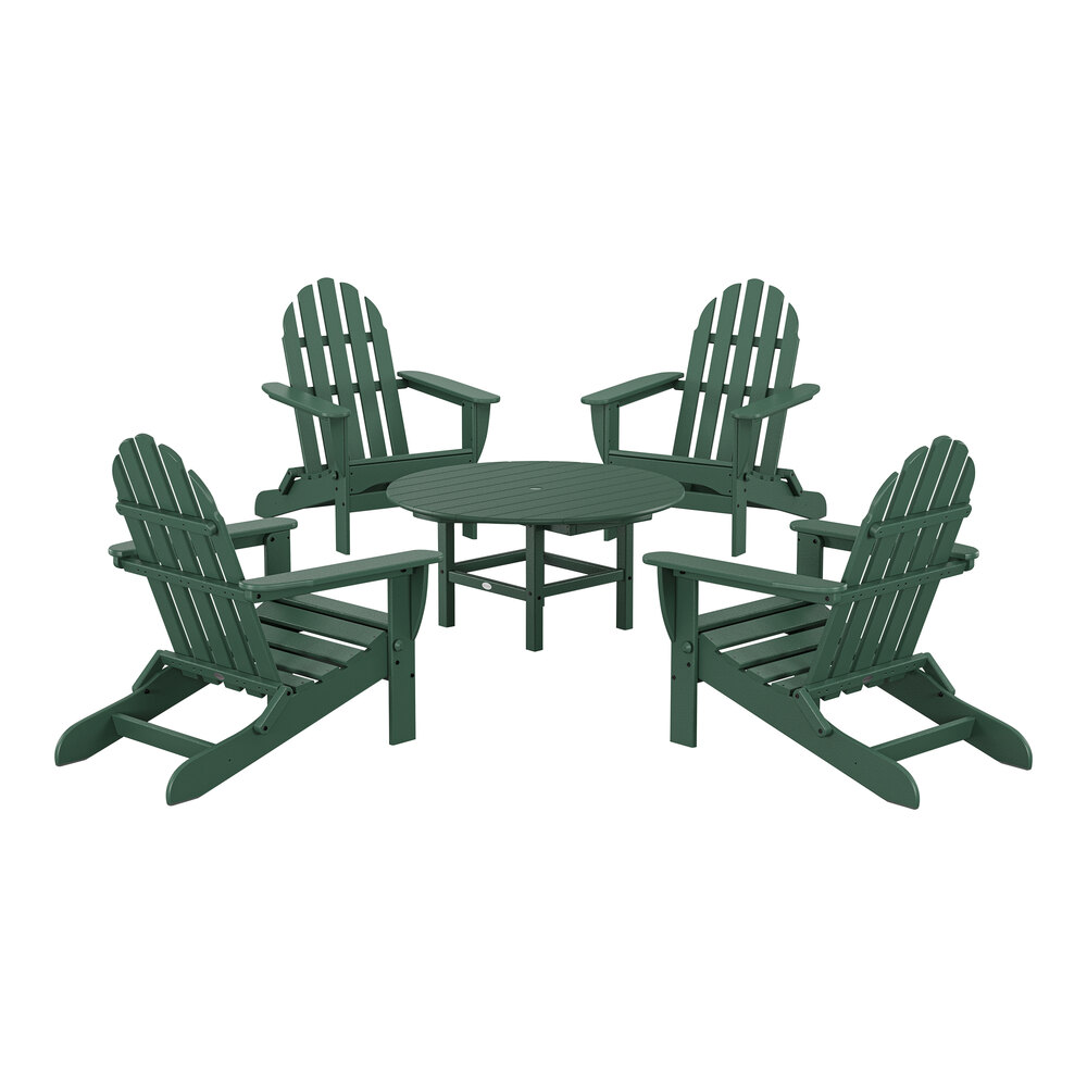 POLYWOOD Classic 5-Piece Green Patio Set with 4 Folding Adirondack Chairs