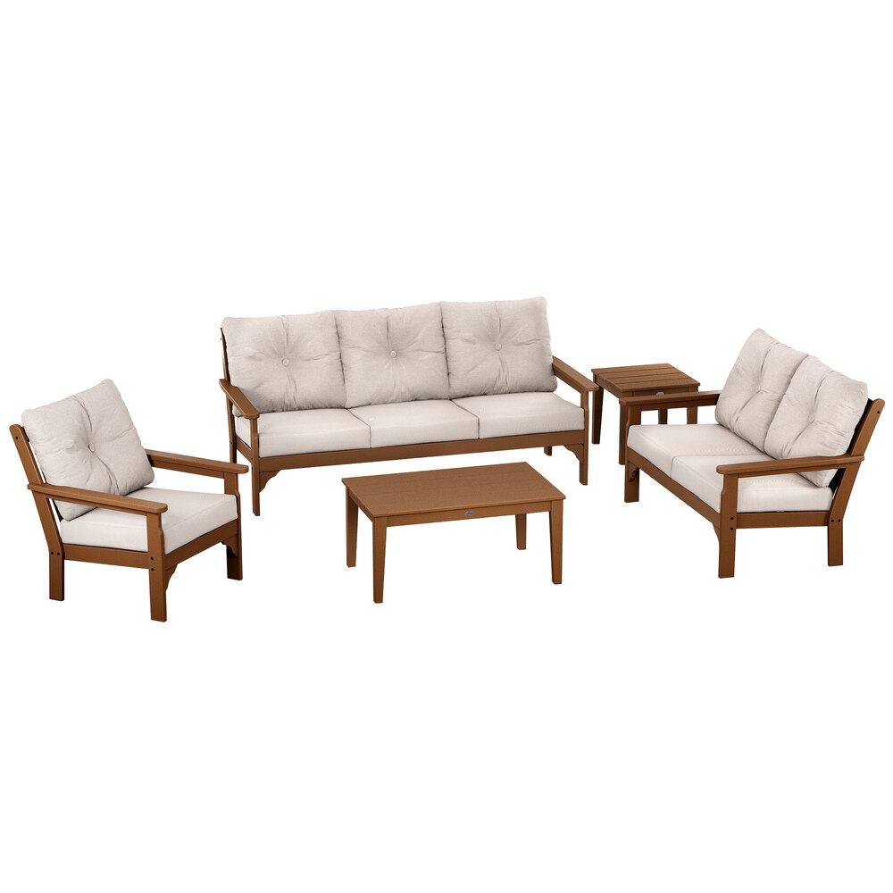 POLYWOOD Vineyard Teak / Dune Burlap 5-Piece Deep Seating Patio Set ...