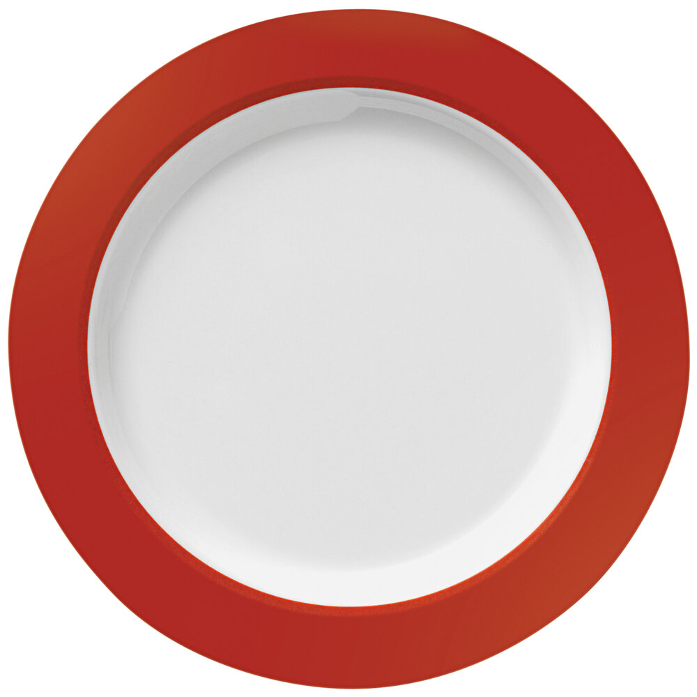 Libbey Basics 10" Bright White Medium Rim Melamine Plate with Red Band ...