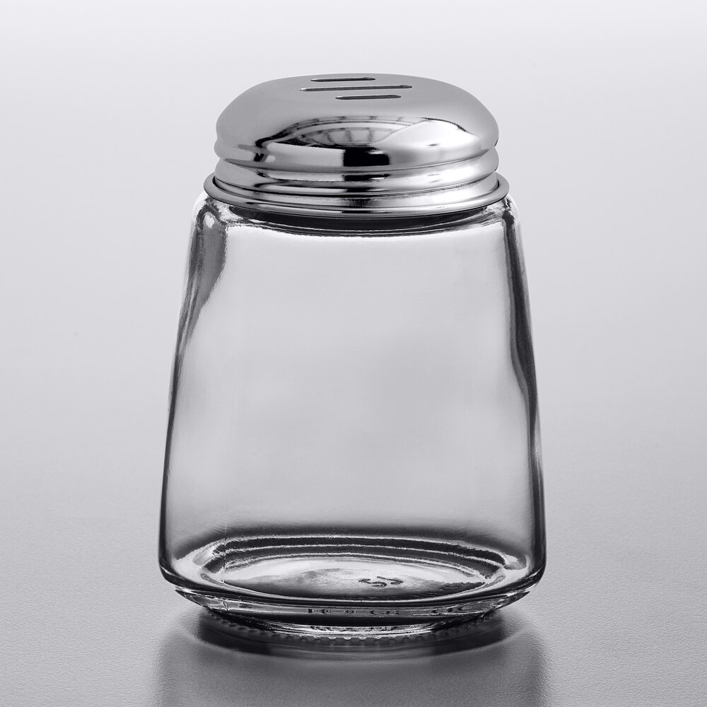 TableCraft 8 oz. Modern Glass Cheese Shaker with Chrome Plated Slotted Top
