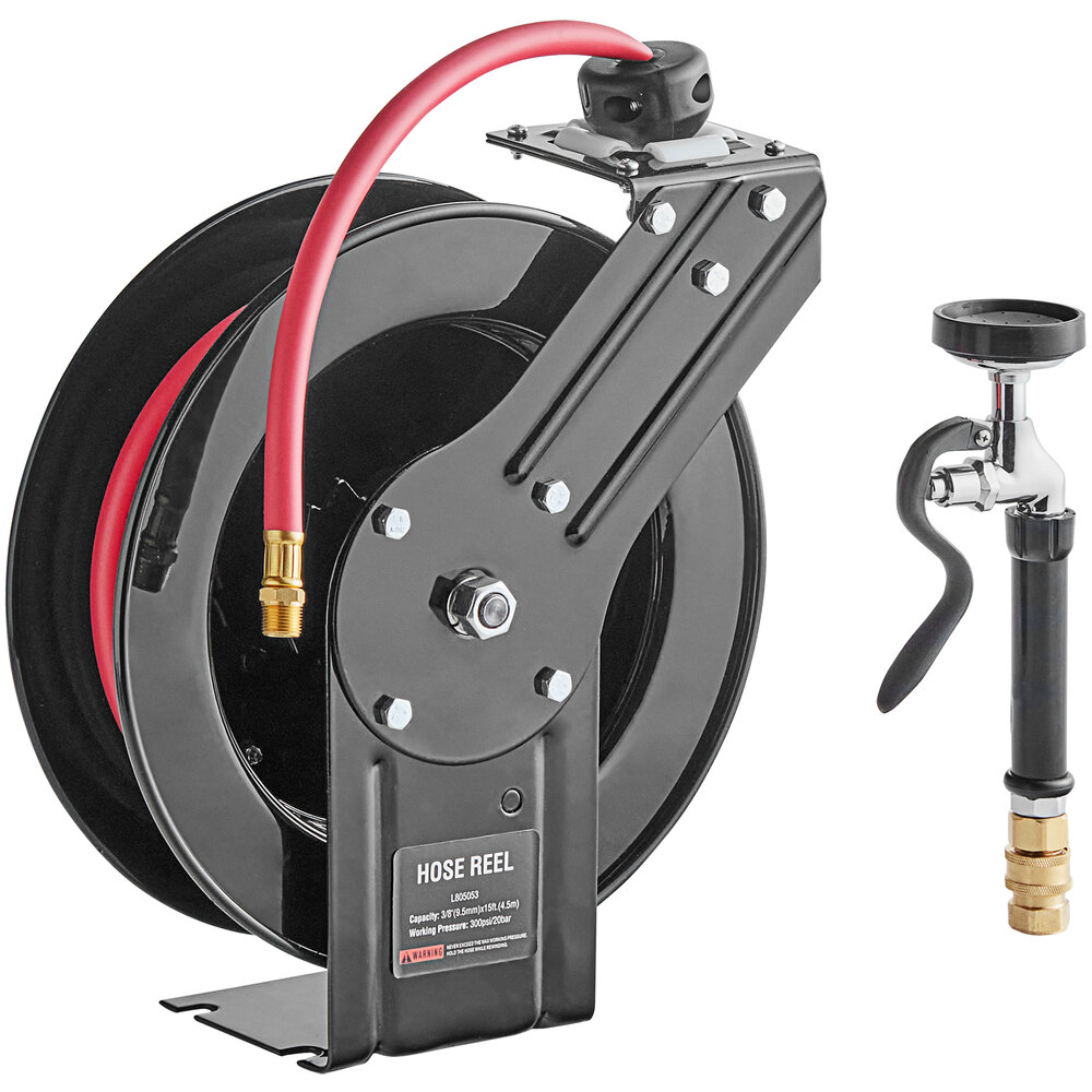 Regency Open Powder-Coated Steel Hose Reel with 15' Hose and Spray Valve