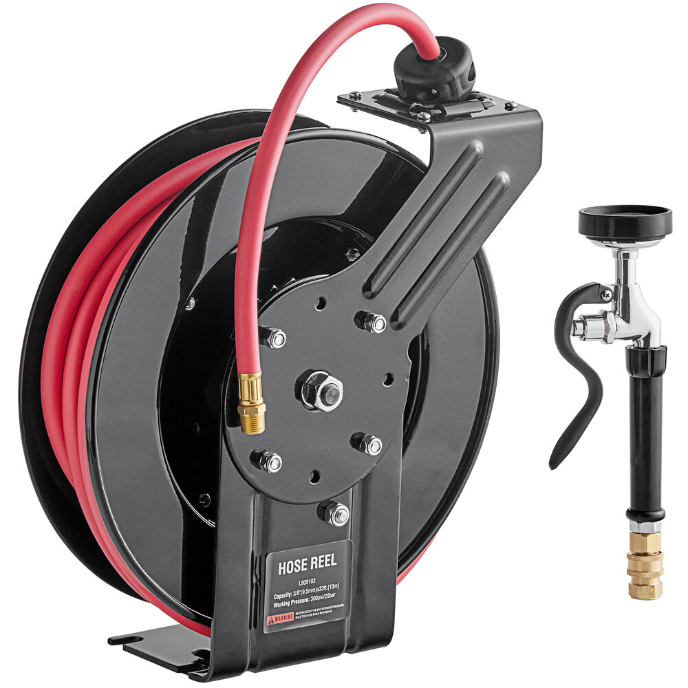 Regency Open Powder-Coated Steel Hose Reel with 30' Hose and Spray Valve