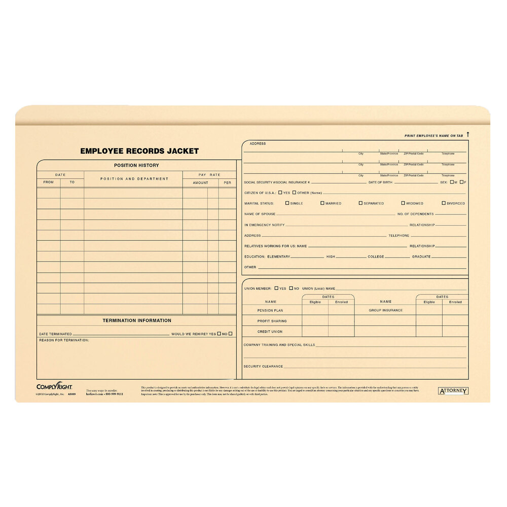 ComplyRight Employee Records Legal Size Jacket - 25/Pack