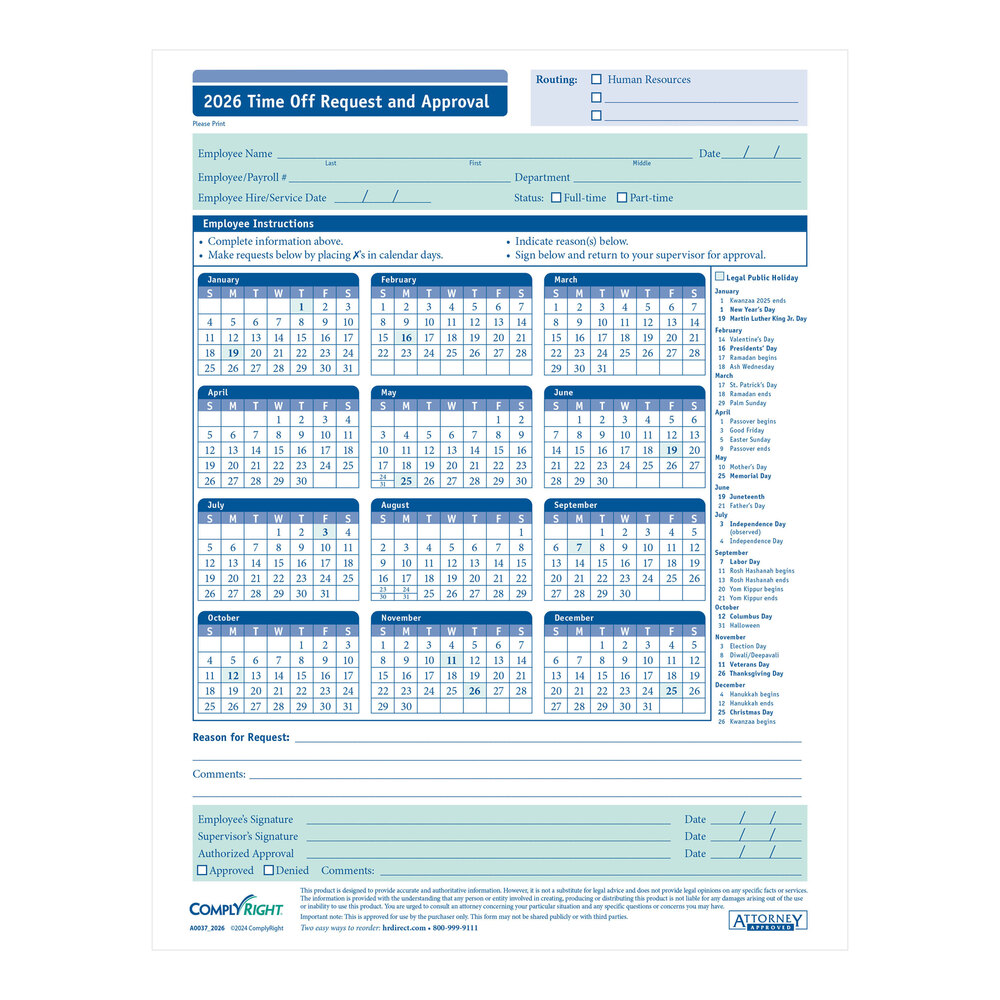 ComplyRight 8 1/2" x 11" 2026 1-Part Time Off Request and Approval Form ...