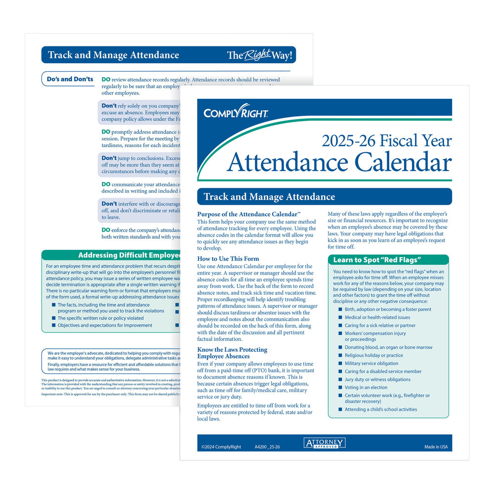 ComplyRight 2025/2026 Fiscal Year Attendance Calendar - 50/Pack