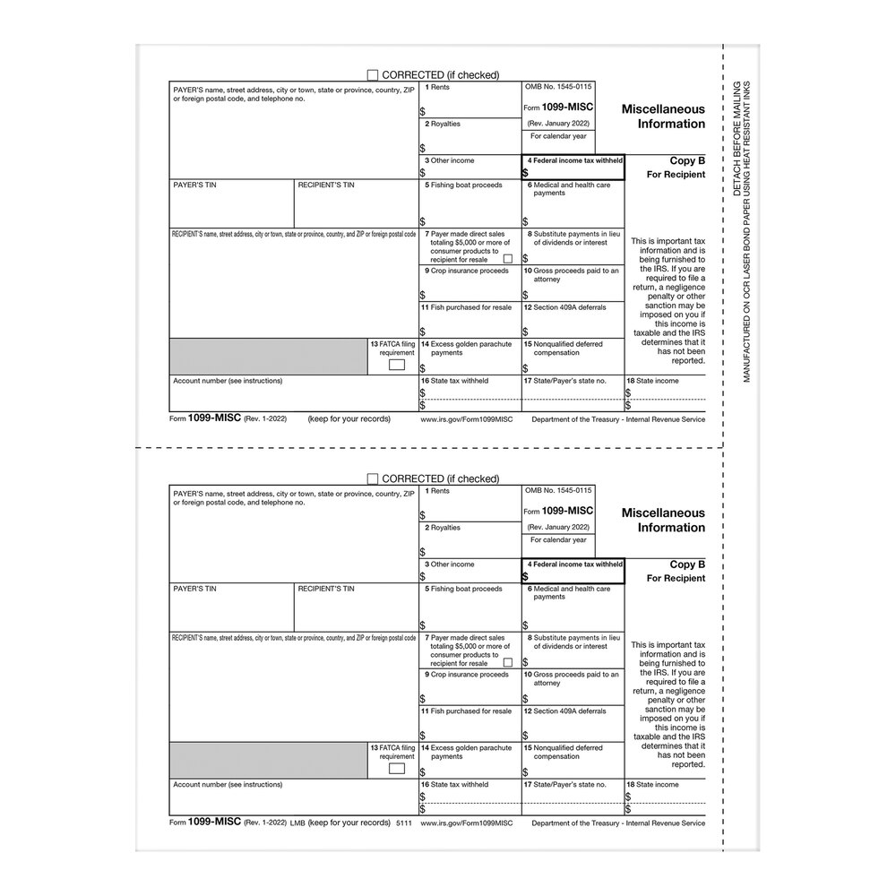 ComplyRight 1099 2-Up Recipient Copy of Miscellaneous Income Tax Forms ...