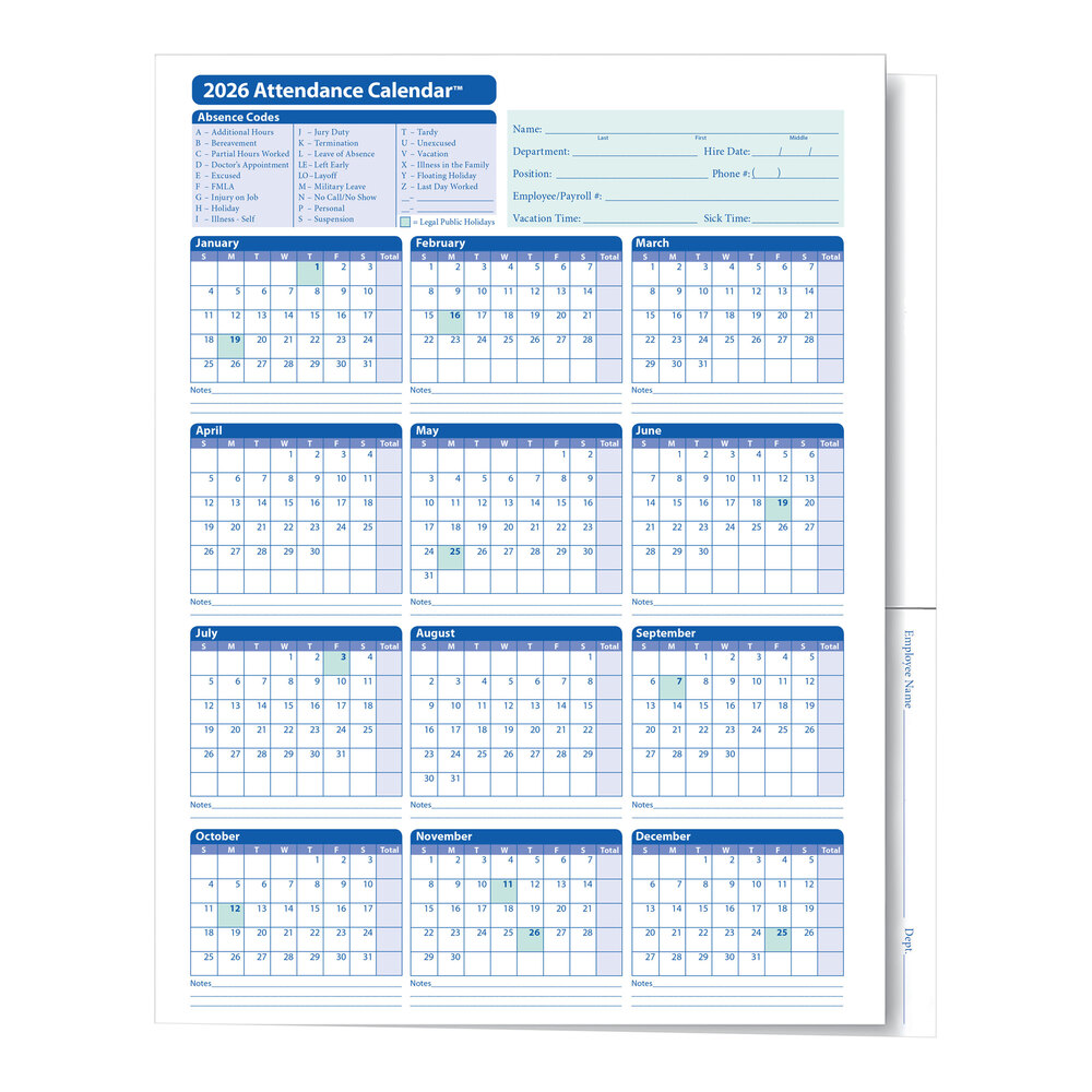 ComplyRight 2026 Attendance Calendar Folder - 25/Pack