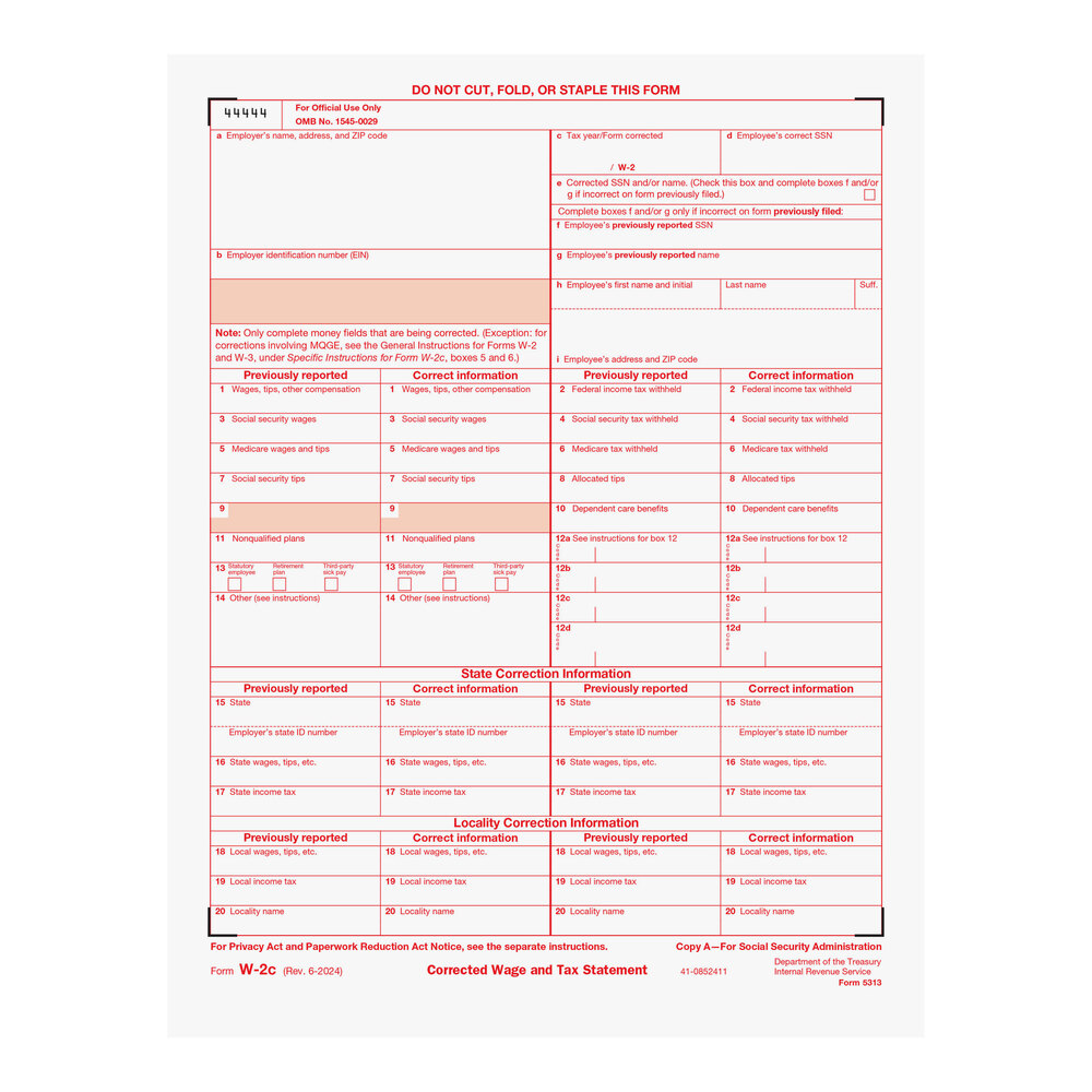ComplyRight Federal Copy A 1-Part W-2C Tax Form 531350 - 50/Pack