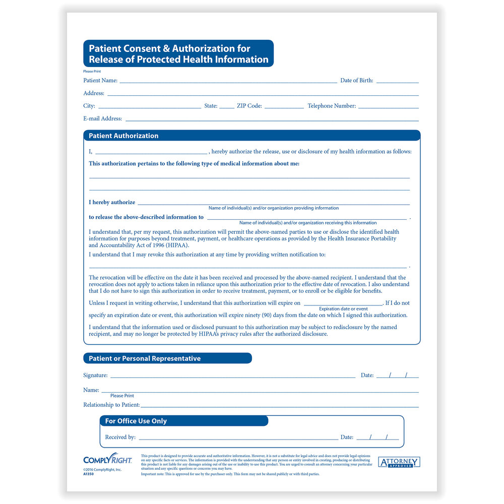 ComplyRight HIPAA Patient Consent and Authorization for Release of PHI ...