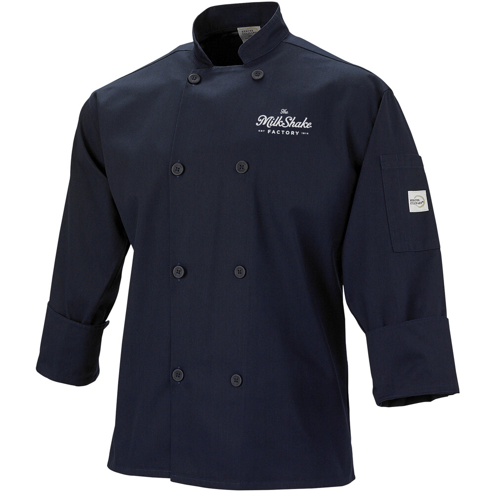 Mercer Culinary Millennia® 60" Unisex Navy Long Sleeve Cook Jacket with ...