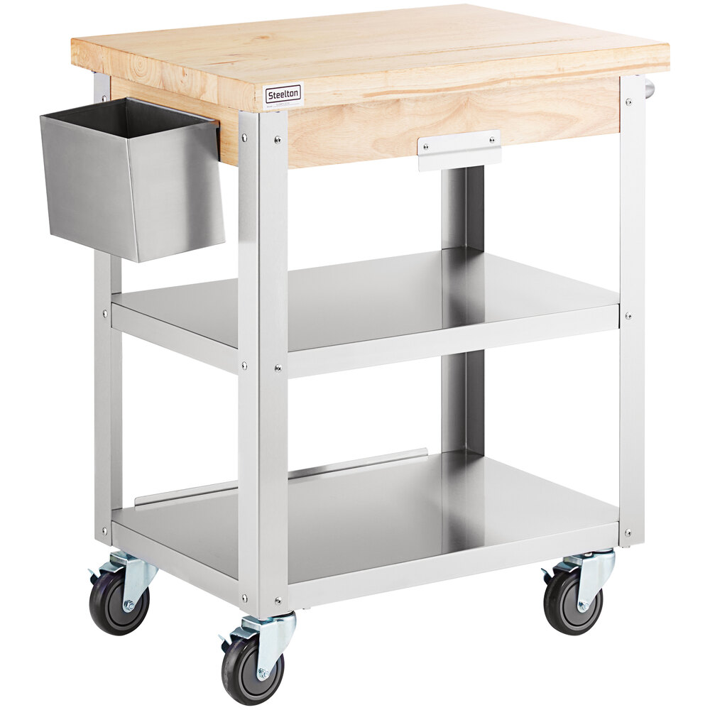 Steelton Wood Top Work Cart with Stainless Steel Base and Undershelves ...