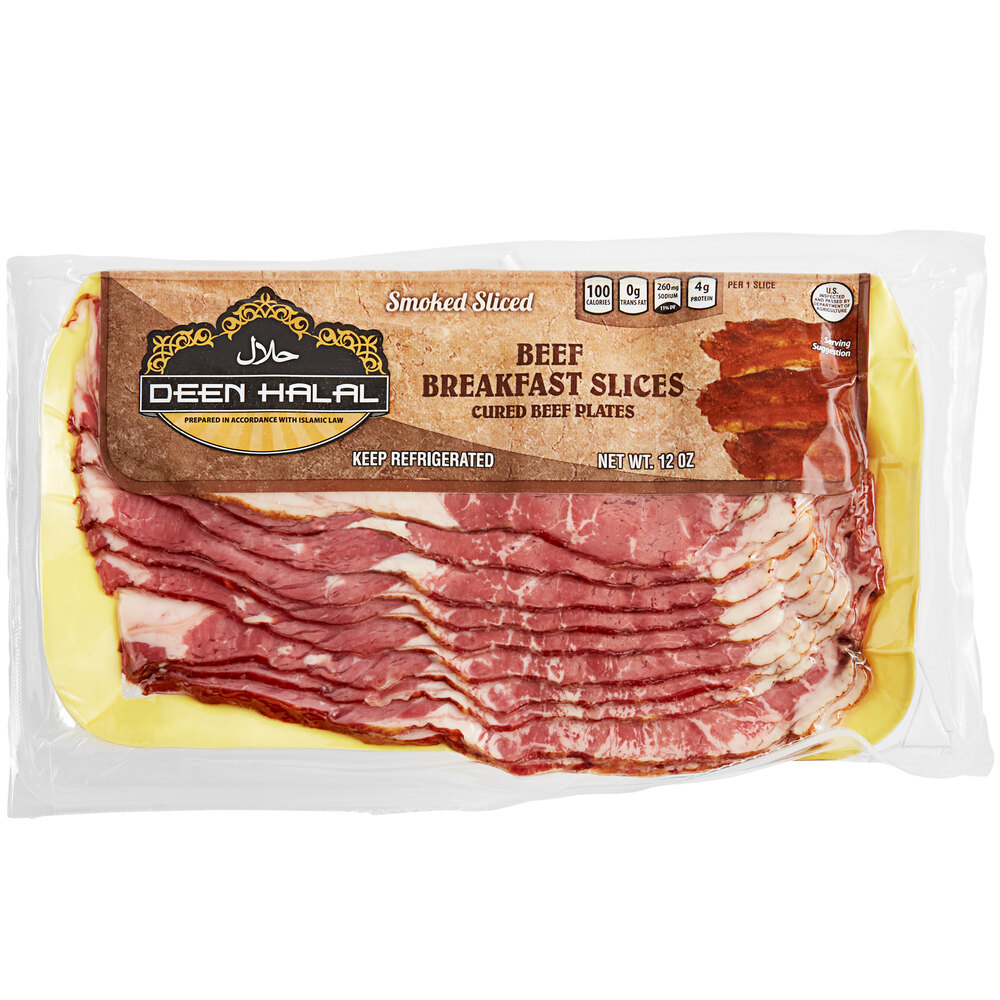 Deen Halal Sliced Breakfast Beef Bacon 12 Oz 12 Case