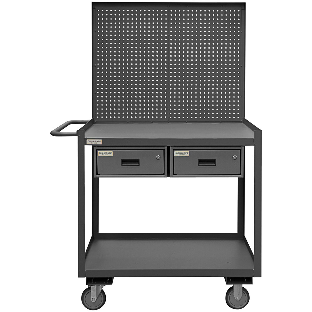 Durham Mfg 30" x 36" 2 Shelf Mobile Workstation with Pegboard and 2 ...