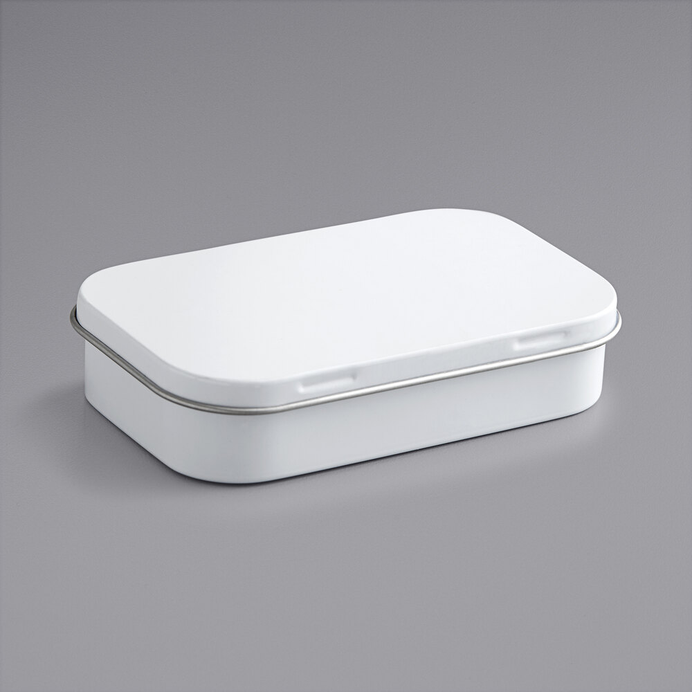 3 11/16" x 2 1/4" x 13/16" White Rectangular Tin with Hinged Lid - 200/Case