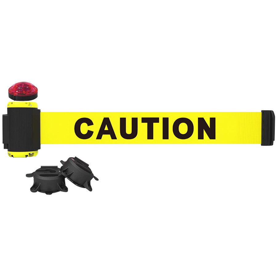 Banner Stakes 7' Yellow "Caution" Magnetic Wall Mount Belt Barrier with ...