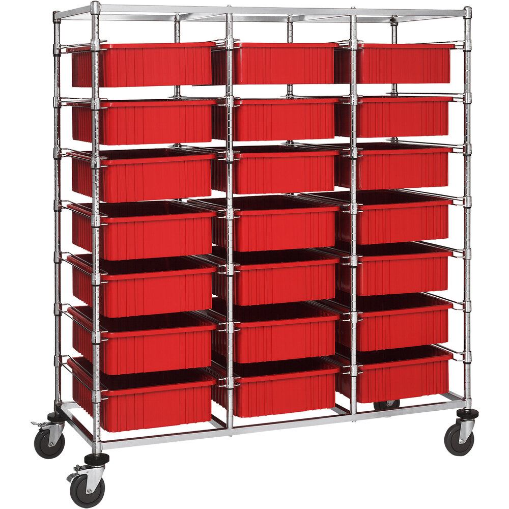 Quantum 24" x 60" x 69" Triple Mobile Bin Cart with 21 Red Divider Bins ...
