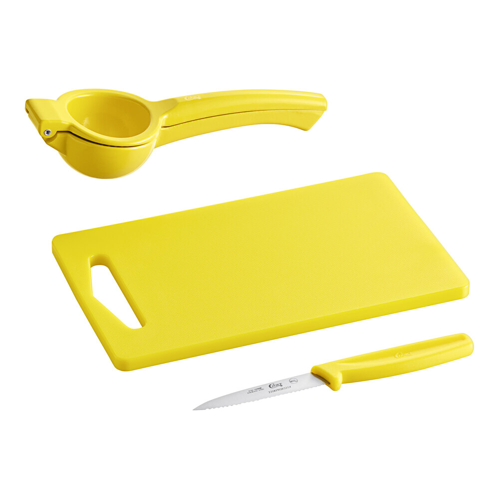 Choice 10" x 6" x 3/8" Yellow Bar Size Cutting Board and Lemon Prep Set
