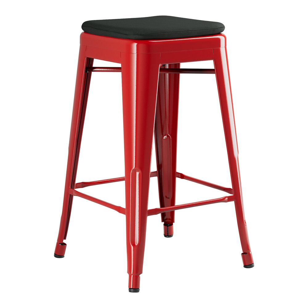Lancaster Table & Seating Alloy Ruby Red Outdoor Backless Counter Height Stool with Black Fabric ...