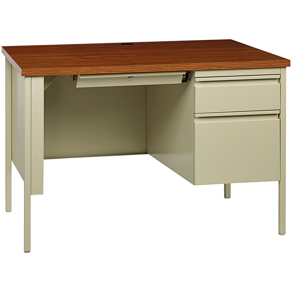 Hirsh Industries 24" x 45" Putty / Oak Office Desk with Right-Hand Pedestal
