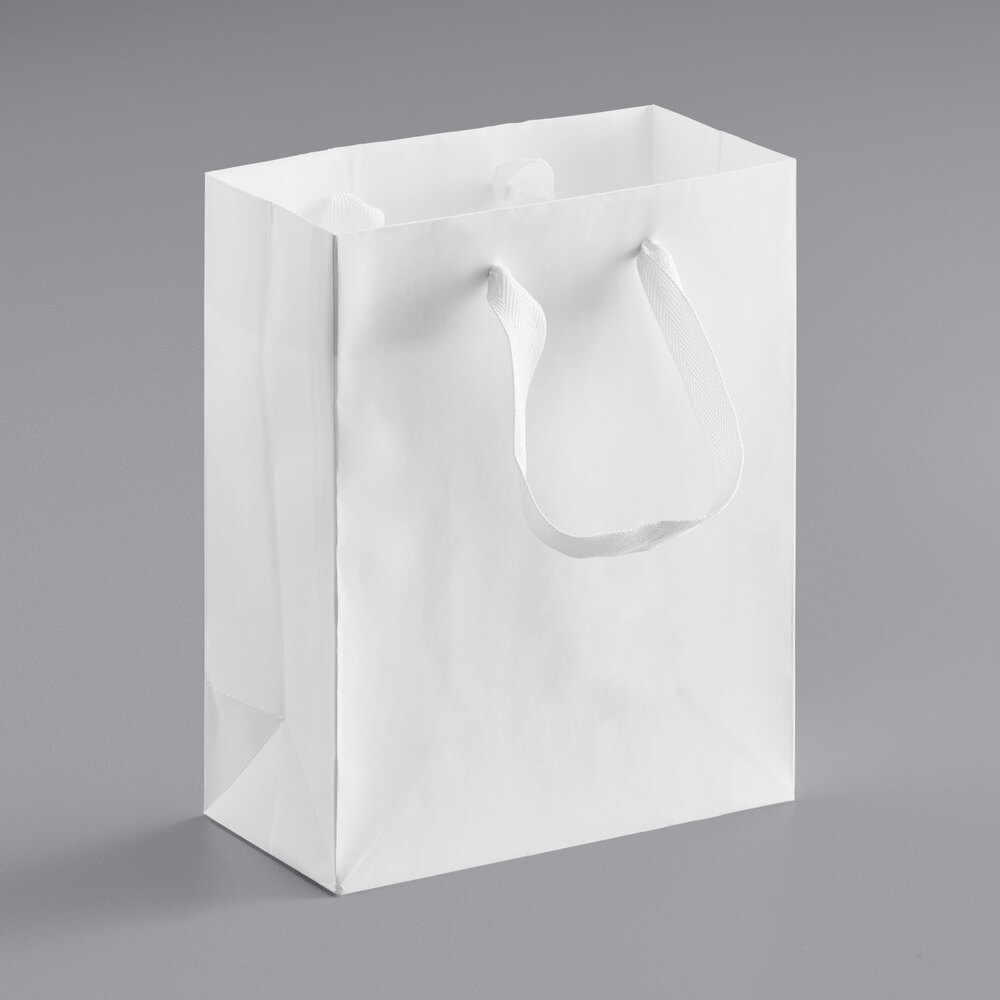 8" x 4" x 10" Customizable White Paper Bag with Ribbon Handles - 200/Case