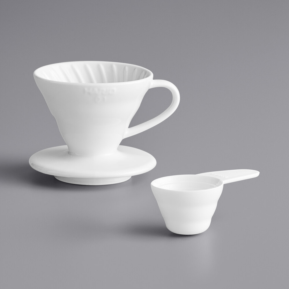 Hario V60 Size 01 White Ceramic Coffee Dripper and Plastic Measuring ...