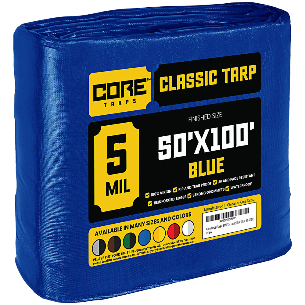 Core Tarps 50' x 100' Blue Classic Weatherproof 5 Mil Poly Tarp with ...