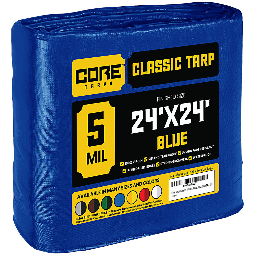 Core Tarps 24' x 24' Blue Classic Weatherproof 5 Mil Poly Tarp with ...