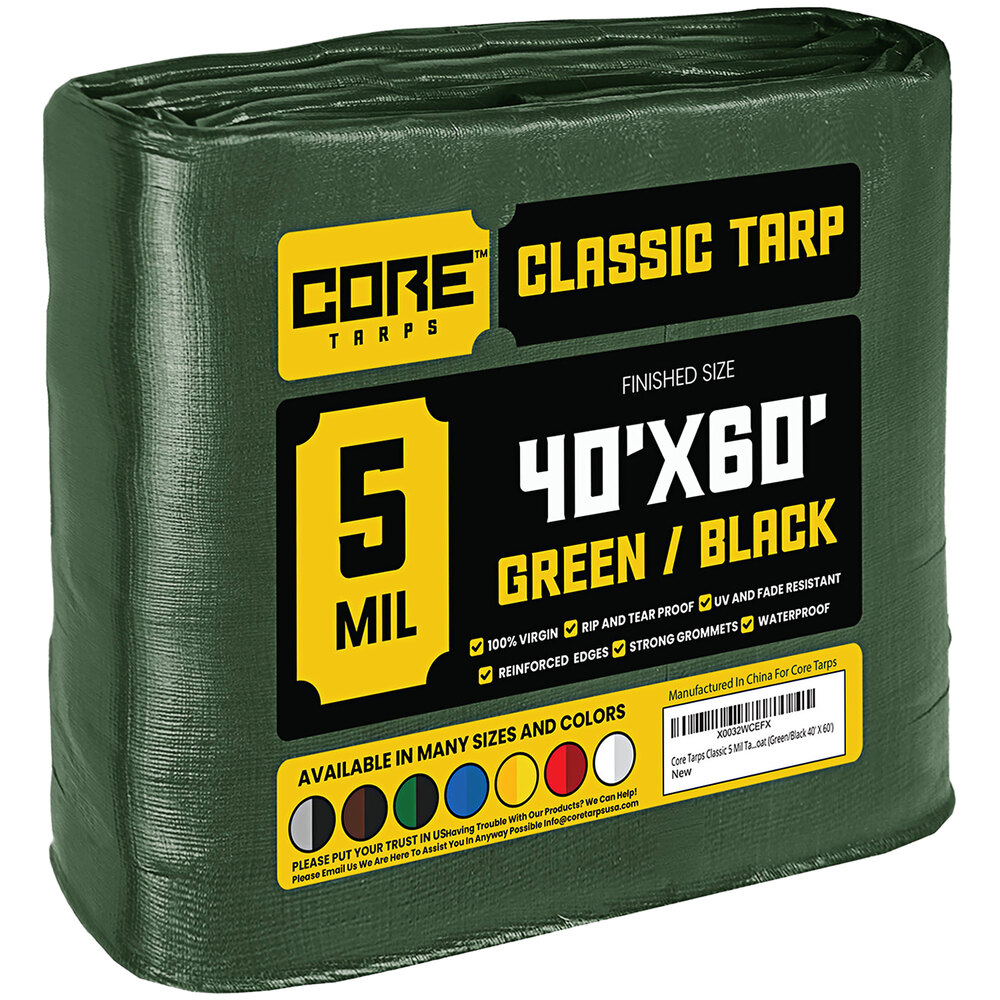 Core Tarps 40' x 60' Green / Black Classic Weatherproof 5 Mil Poly Tarp ...