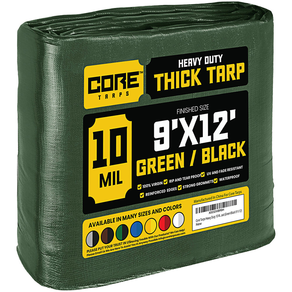 Core Tarps 9' x 12' Green / Black Heavy-Duty Weatherproof 10 Mil Poly ...