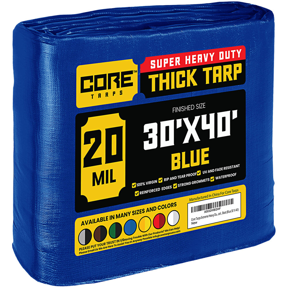 Core Tarps 30' x 40' Blue Extreme Heavy-Duty Weatherproof 20 Mil Poly ...