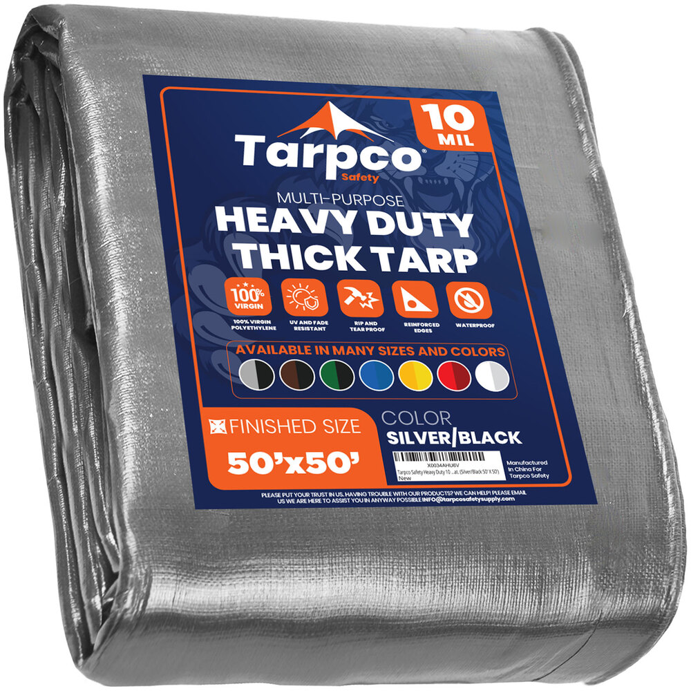 Tarpco Safety 50' x 50' Silver / Black Heavy-Duty Weatherproof 10 Mil ...