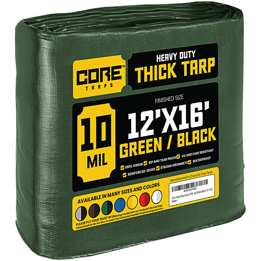 Core Tarps 12' x 16' Green / Black Heavy-Duty Weatherproof 10 Mil Poly ...