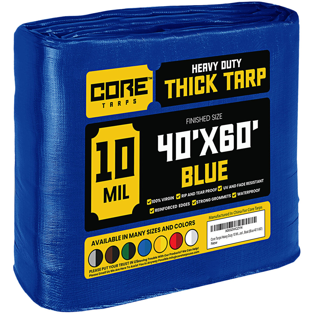 Core Tarps 40' x 60' Blue Heavy-Duty Weatherproof 10 Mil Poly Tarp with ...