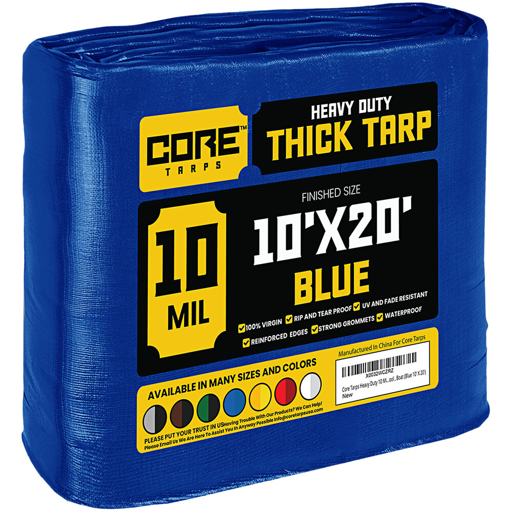 Core Tarps 10' x 20' Blue Heavy-Duty Weatherproof 10 Mil Poly Tarp with ...