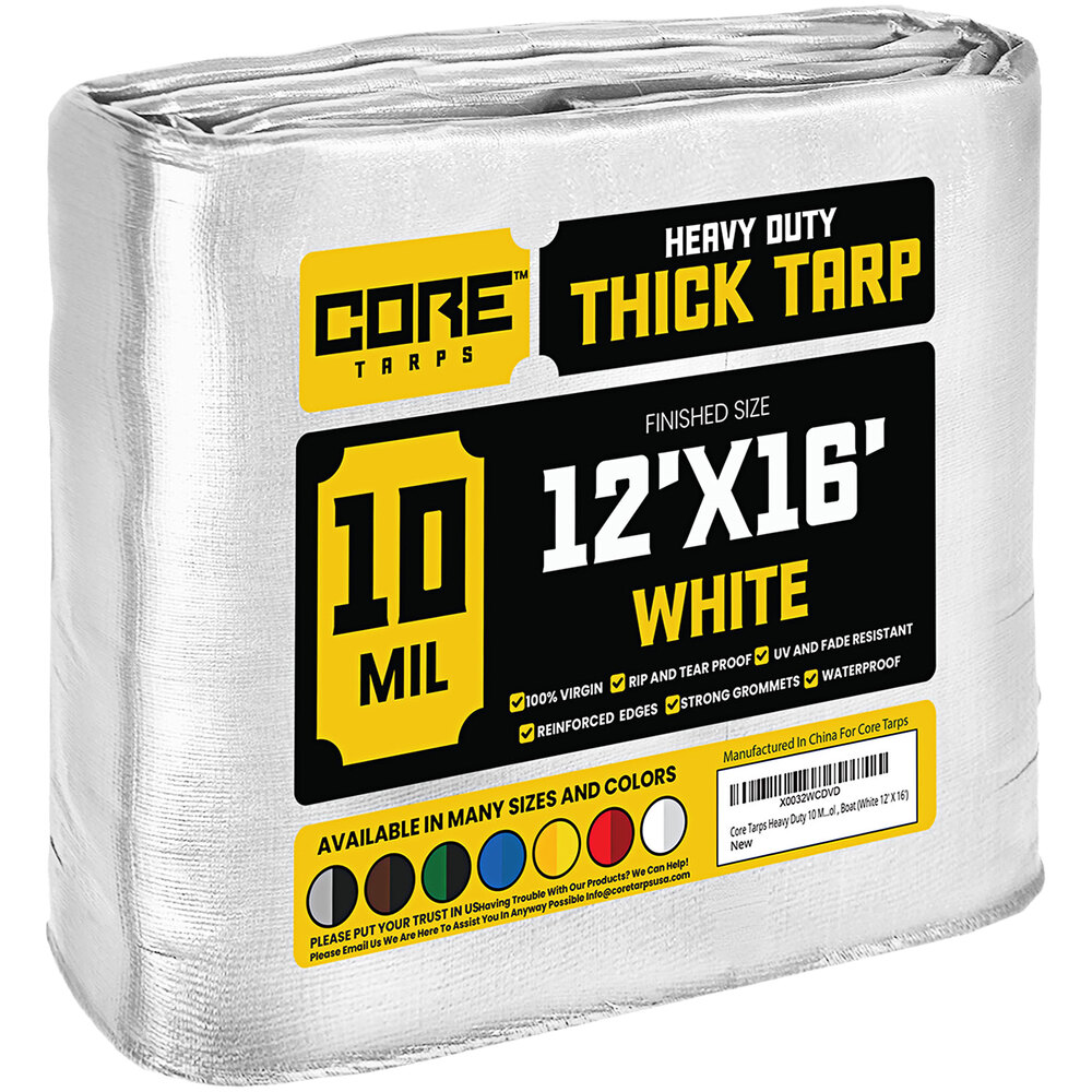 Core Tarps 12' x 16' White Heavy-Duty Weatherproof 10 Mil Poly Tarp ...